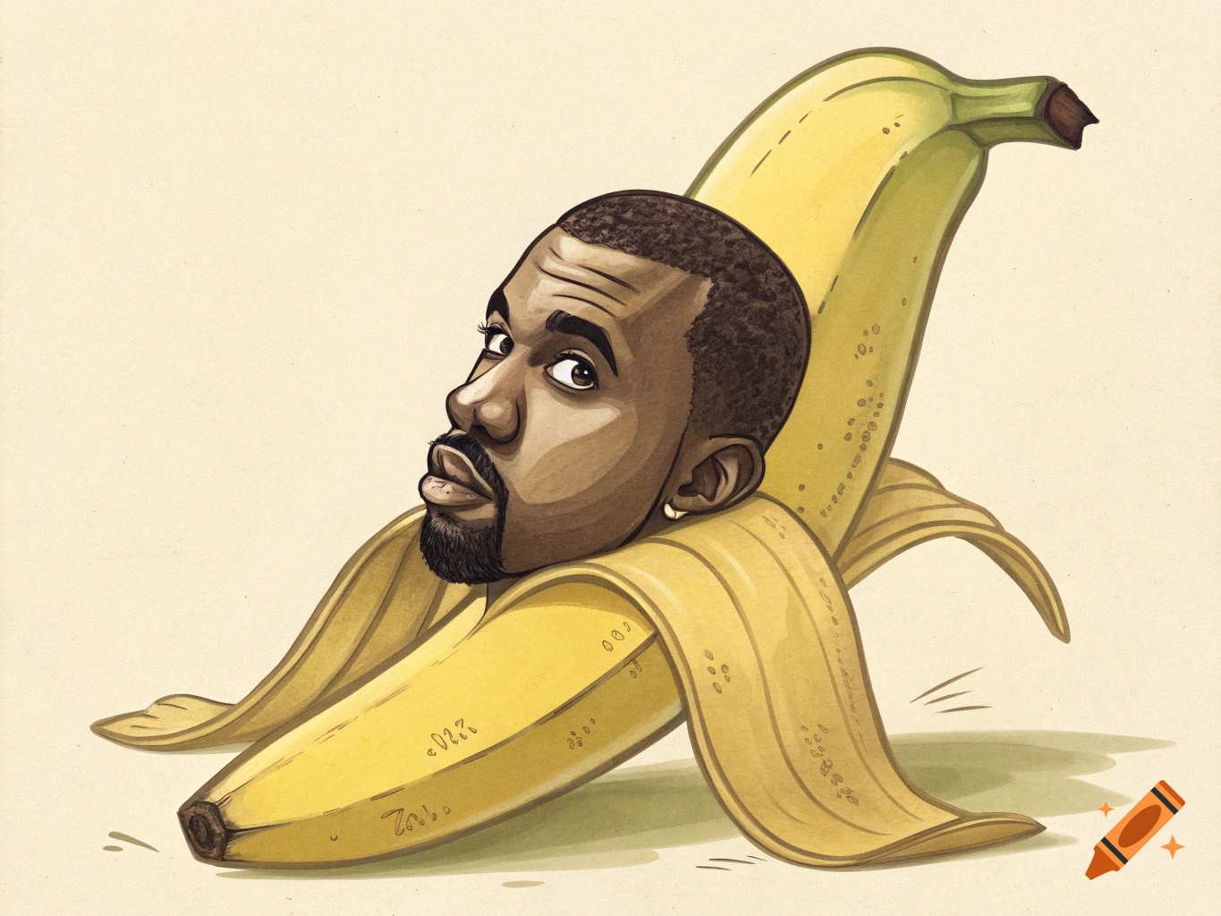 Illustration of Kanye West's head emerging from a peeled banana. on Craiyon