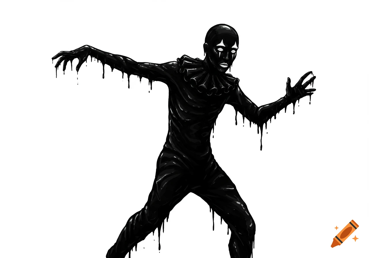 Black figure dripping with liquid, resembling a mime or jester, on a ...