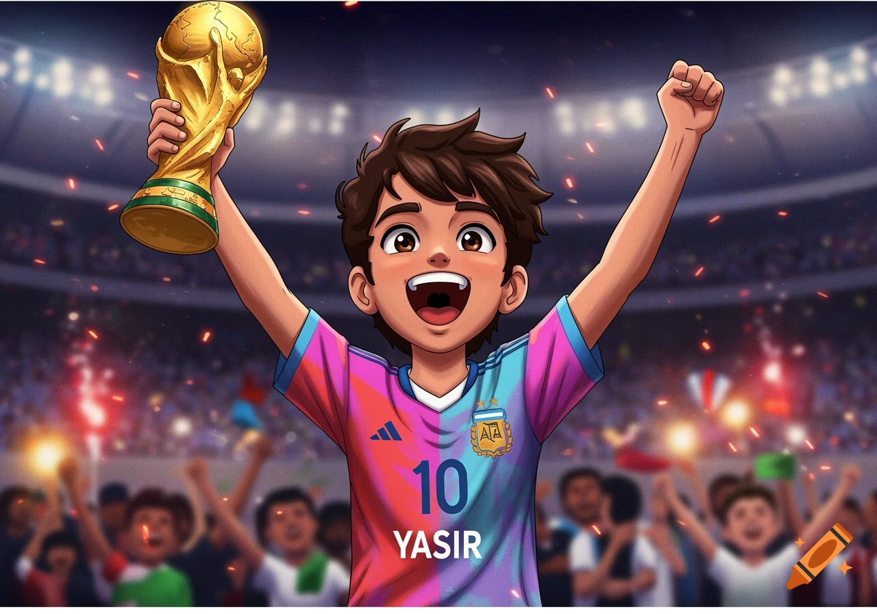 Illustrated boy in a colorful soccer jersey holds the World Cup trophy aloft, cheering in a ...