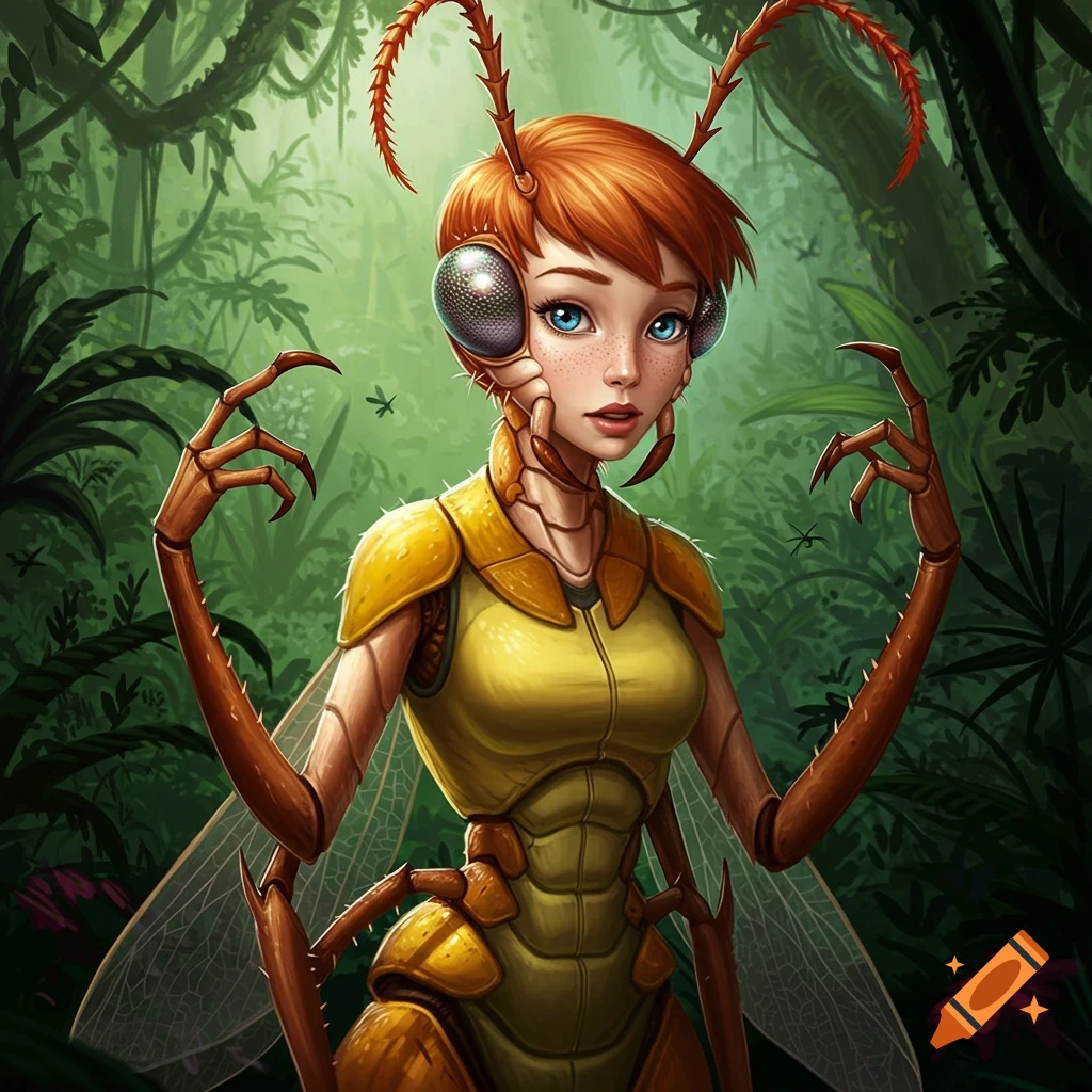 Illustration of an insect woman with red hair and large eyes in a ...