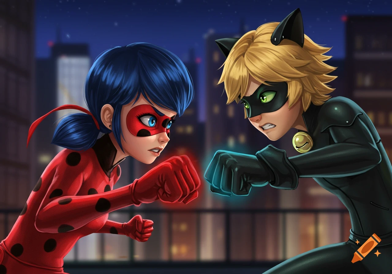 Ladybug and Cat Noir face off with glowing fists in a night city. on ...