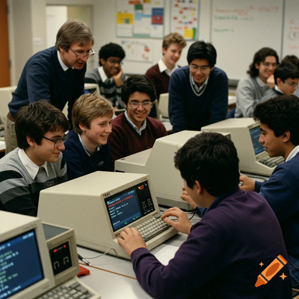 Teacher and students look at vintage BBC computers in a classroom on ...