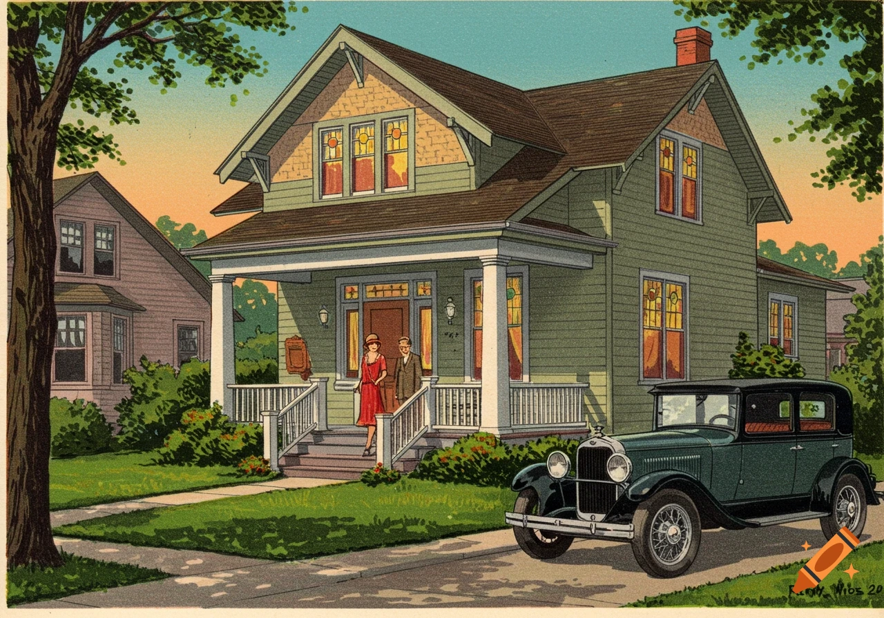 Vintage illustration of a 1920s house with a couple on the porch and a ...