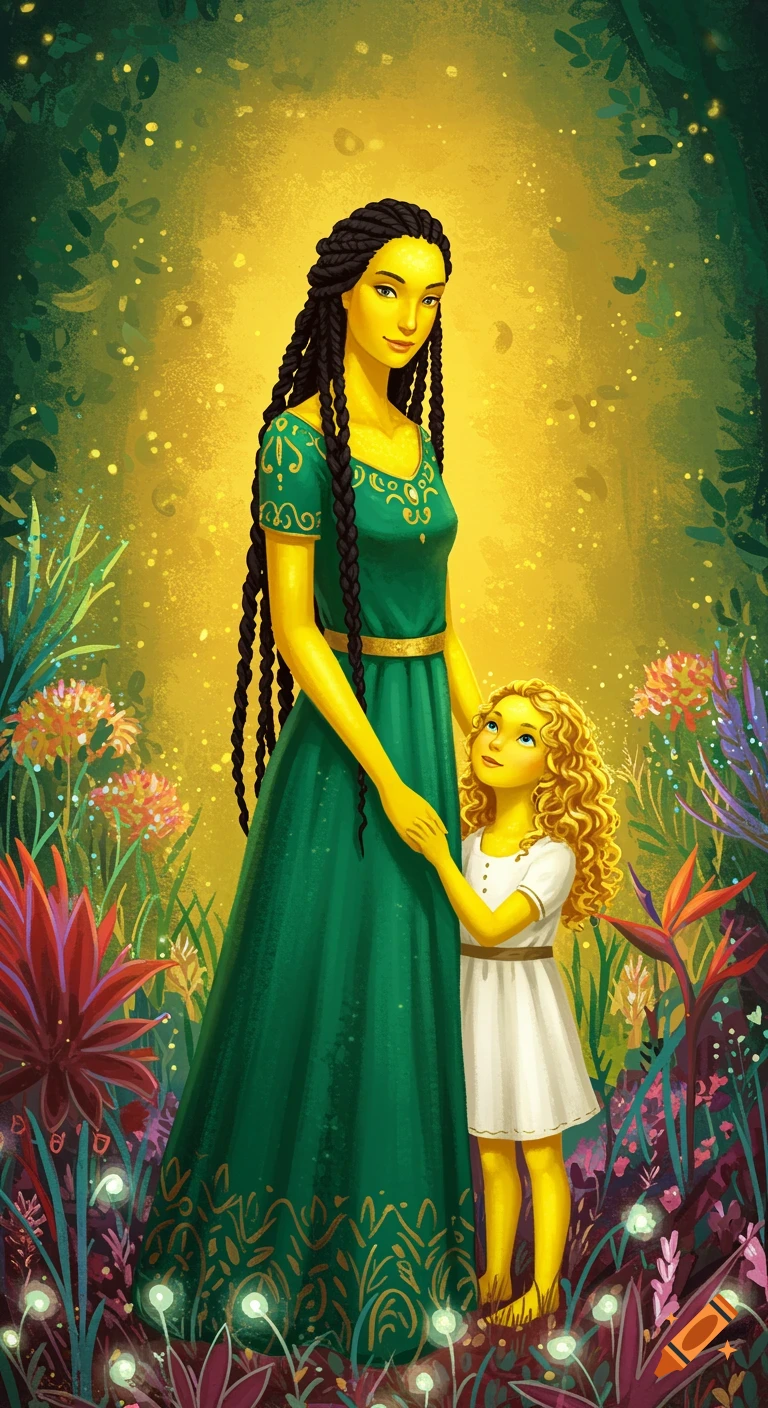 Illustration of a yellow-skinned woman and her daughter in a fantasy ...