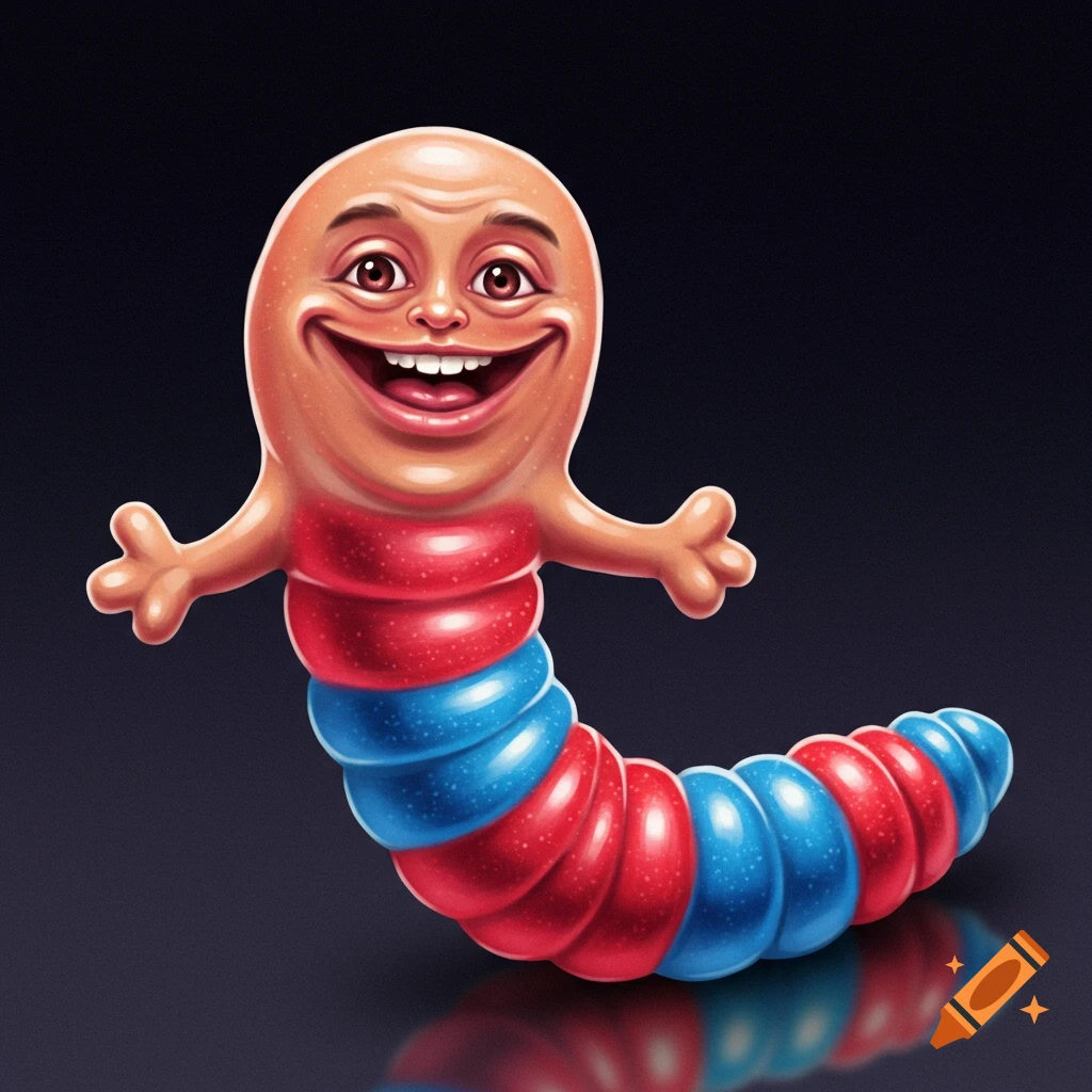 Stylized character resembling a red and blue gummy worm with a human ...