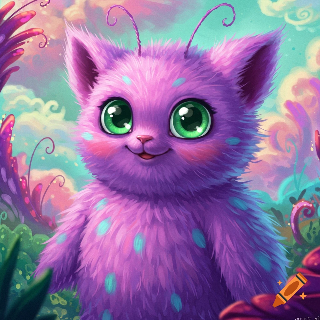 A cute purple fuzzy creature with green eyes in a fantasy garden. on ...