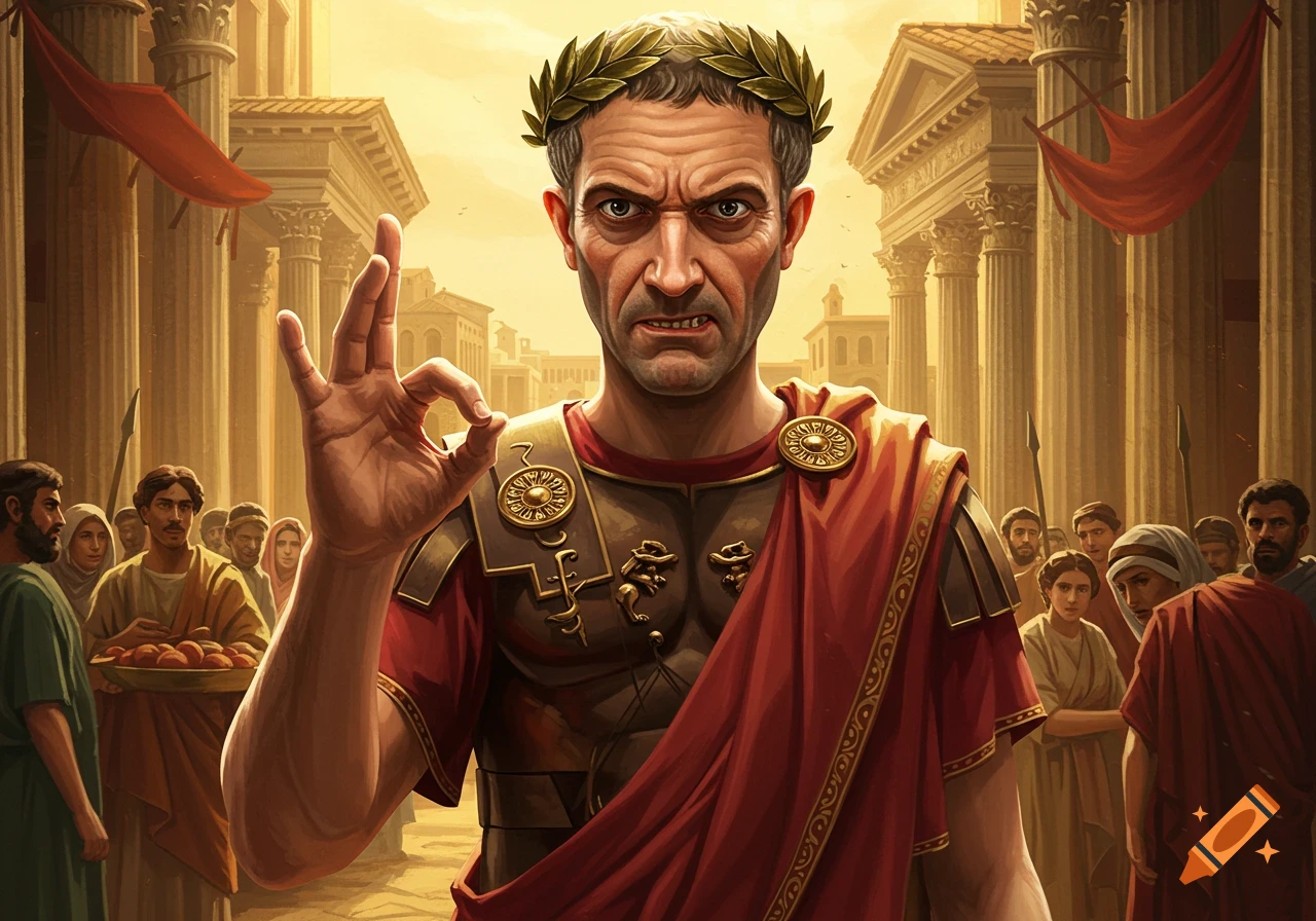 Illustration of Julius Caesar making the 'okay' gesture in a Roman ...