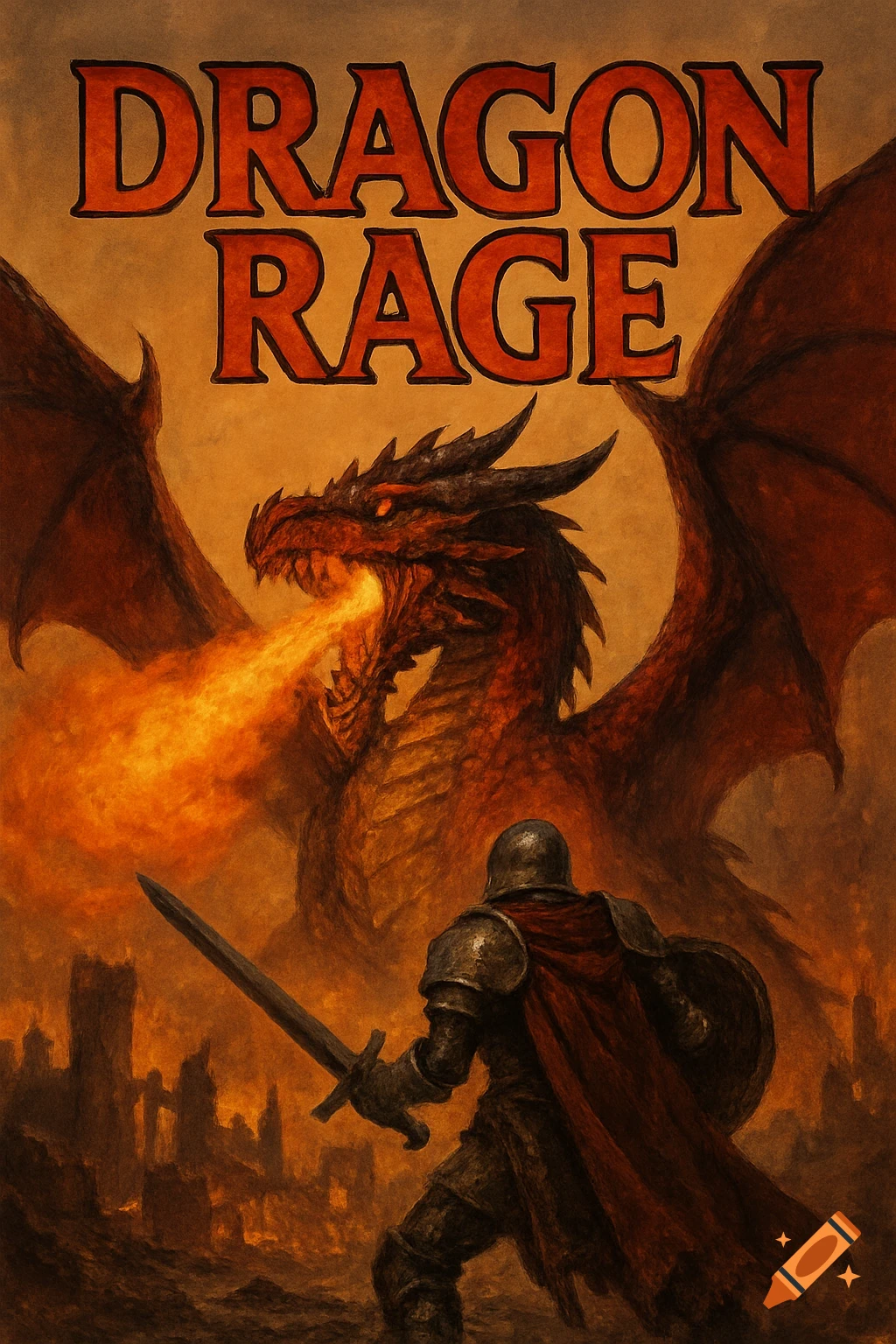A knight faces a fire-breathing dragon with text "DRAGON RAGE" above. on Craiyon