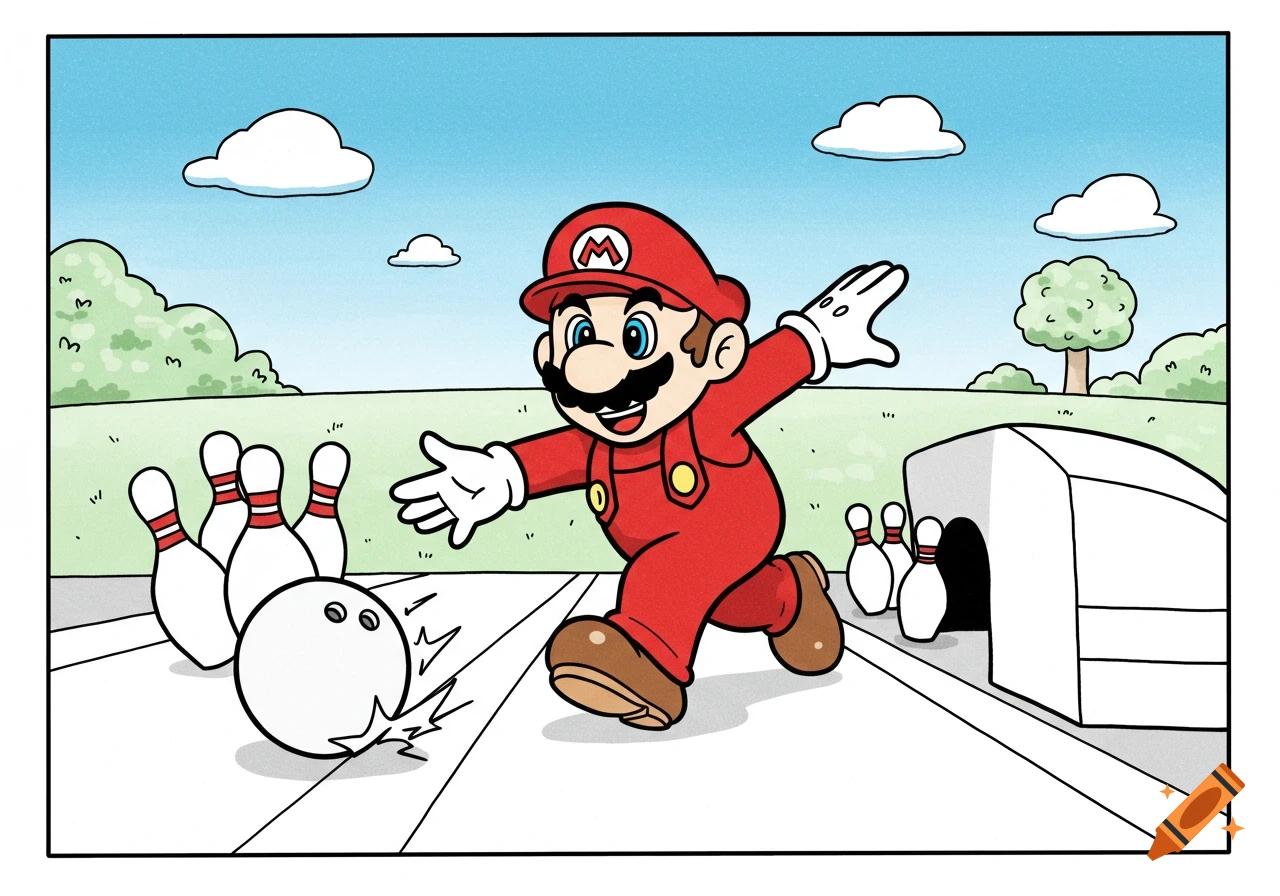 A cartoon illustration of Super Mario bowling, about to knock down pins ...
