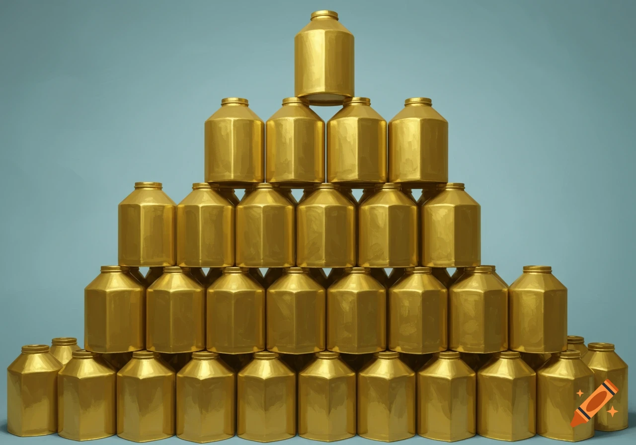 A pyramid stack of golden polygon-shaped containers against a blue ...