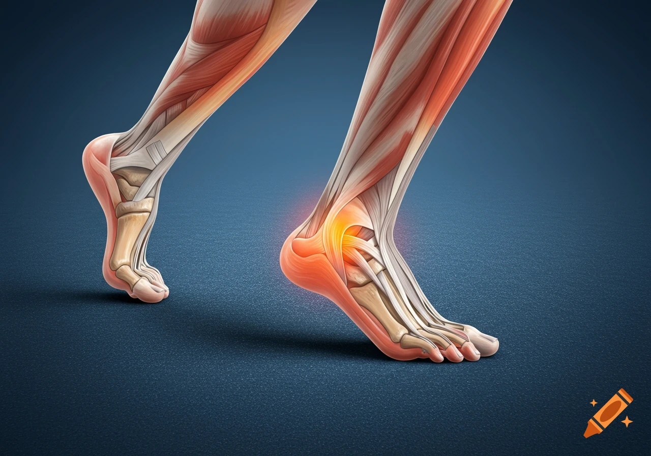 Medical illustration of a lateral ankle sprain showing muscles and ...