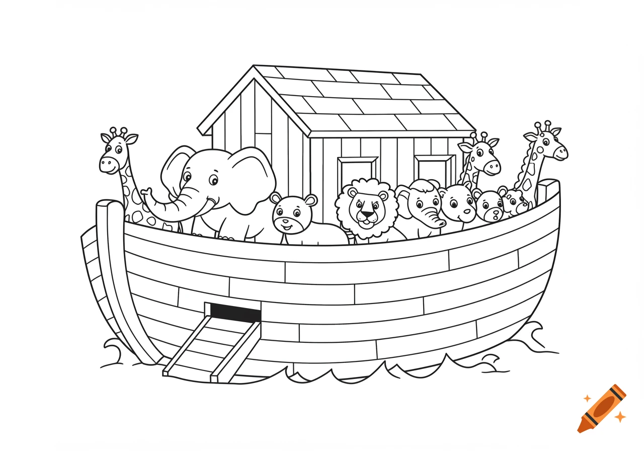 Black and white line art of animals on Noah's Ark for a coloring book ...