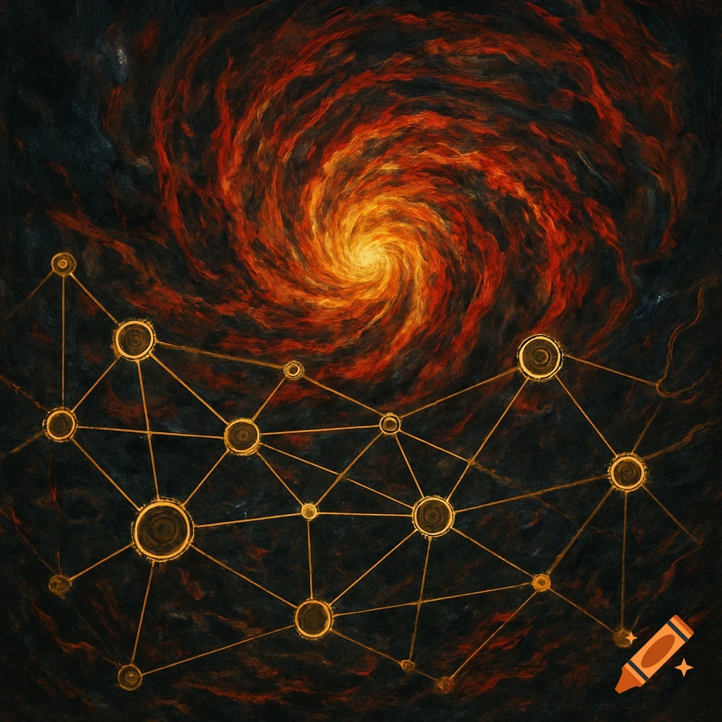 A fiery red and orange spiral vortex above a golden network structure ...