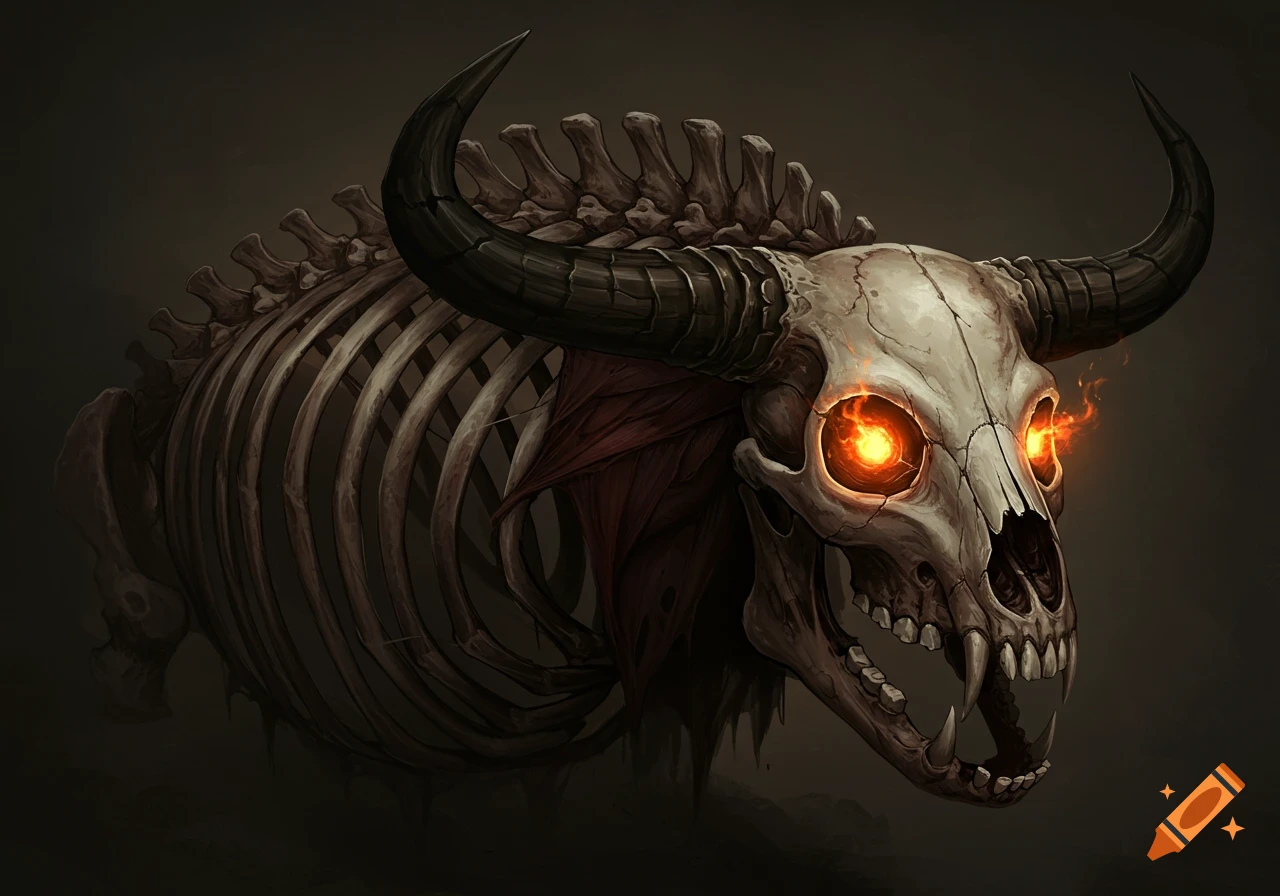 Skeletal bull creature with flaming eyes on Craiyon