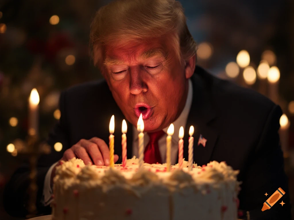Donald Trump blowing out candles on a birthday cake on Craiyon