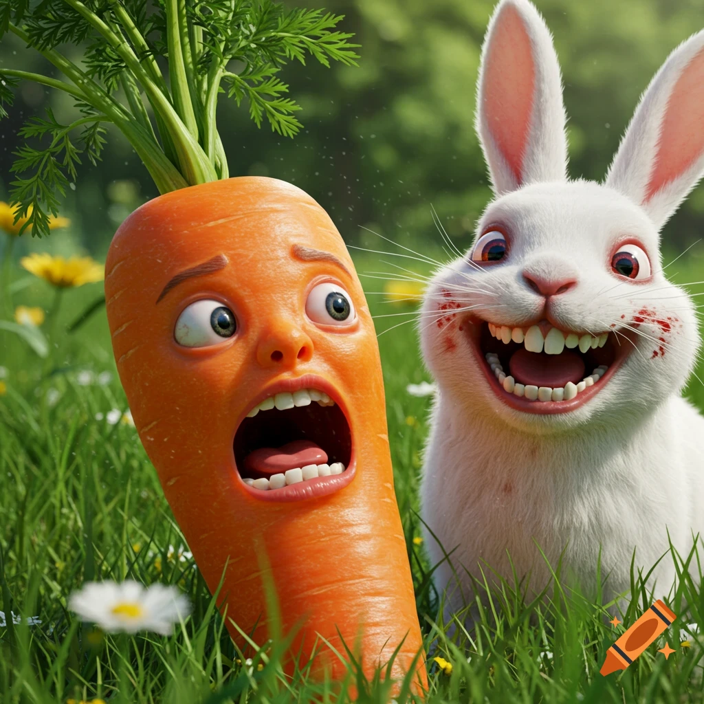 A scared anthropomorphic carrot next to a grinning rabbit in grass. on ...