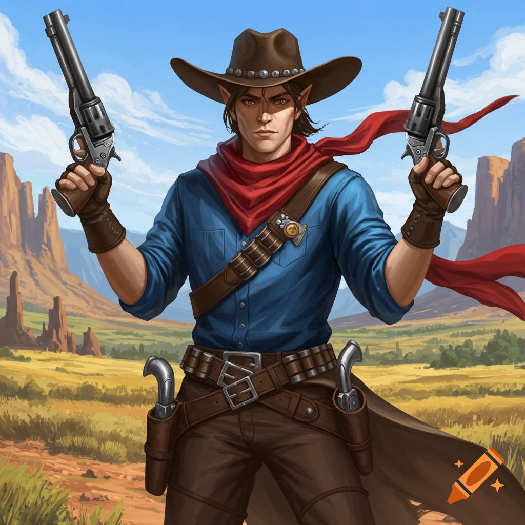 Illustration of an elf cowboy holding revolvers in a desert landscape ...