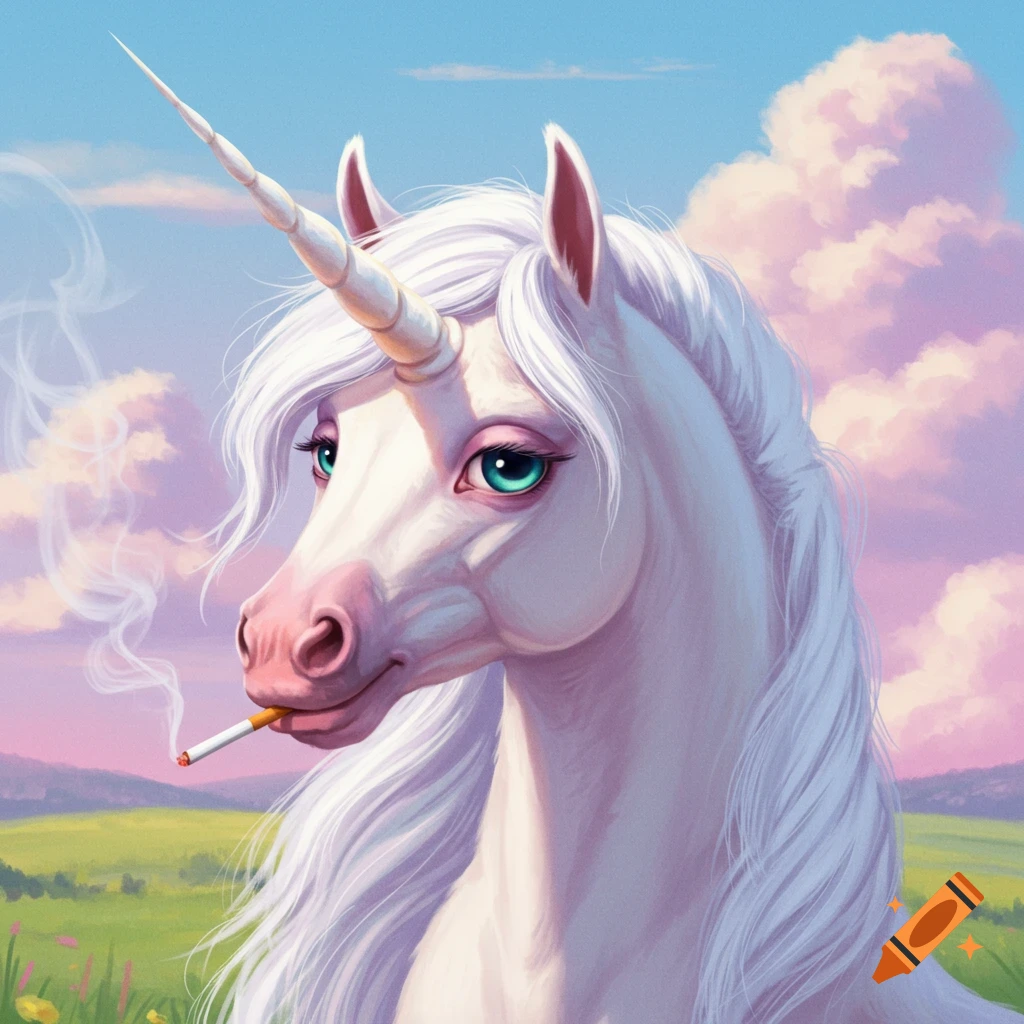 A white unicorn smokes a cigarette in a field under a pastel sky. on ...