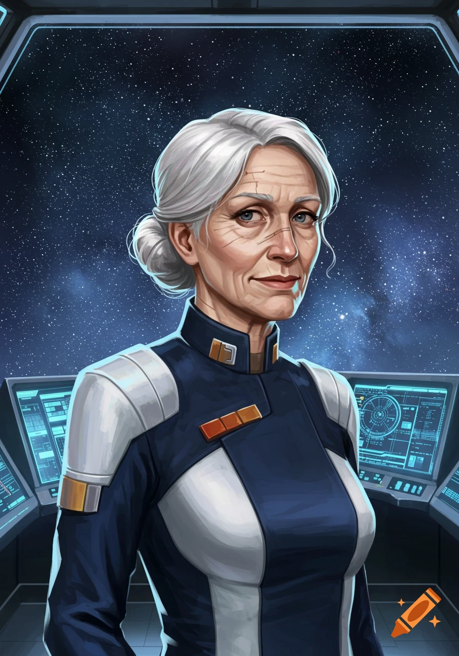 Illustration of an older woman in a sci-fi uniform in a spaceship ...