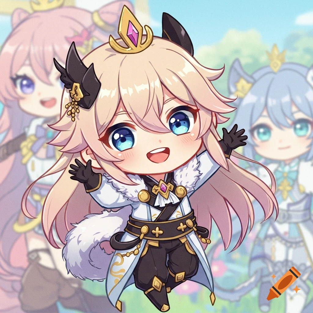 Anime chibi character with cat ears, tail, and crown waves on Craiyon