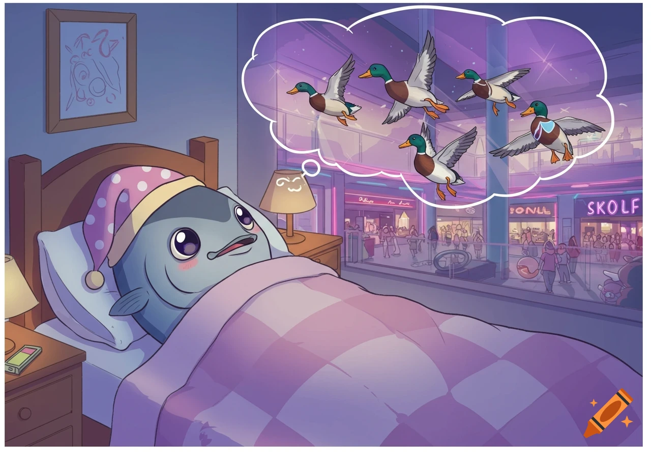 An anime-style fish in bed wearing a sleep cap dreams of mallard ducks ...