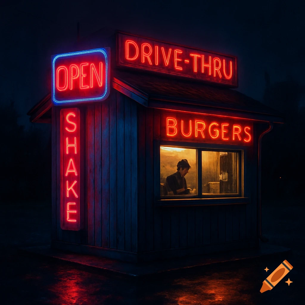 A drive-thru shack at night with bright neon signs for OPEN, SHAKE ...