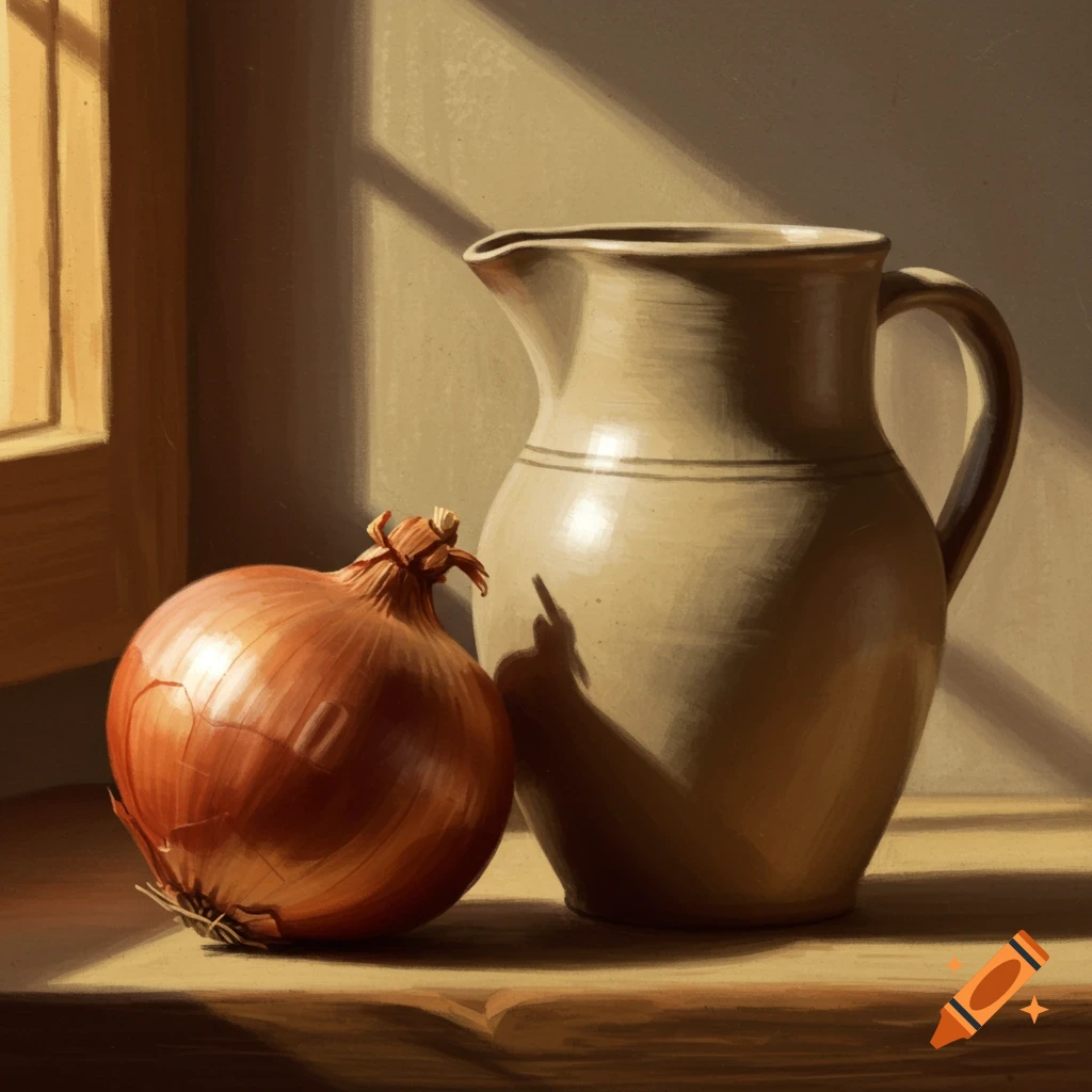 Still life painting of an onion and a pitcher by a window with dramatic ...