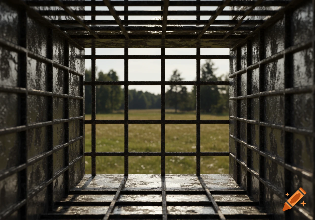View from inside a rusty metal cage looking out at a grassy field and ...