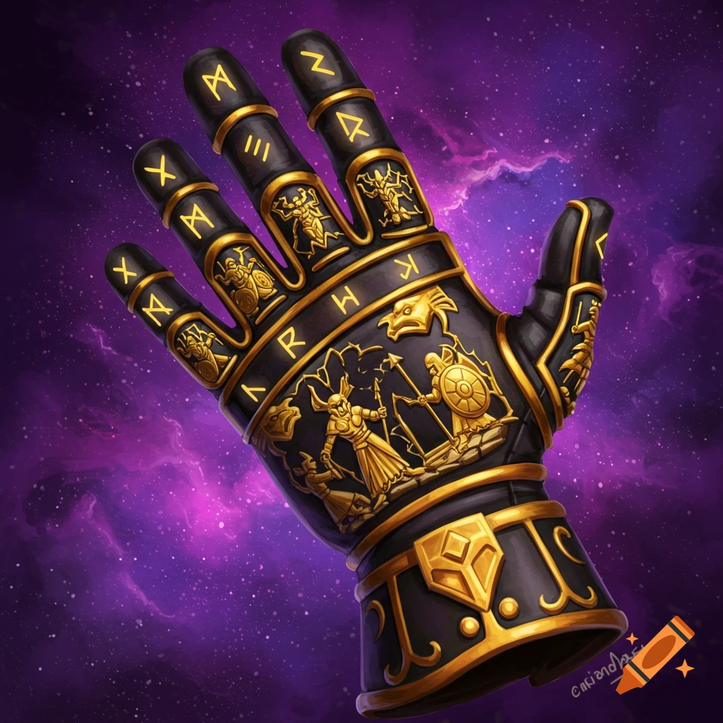 Detailed black and gold fantasy gauntlet with runes and relief carvings ...