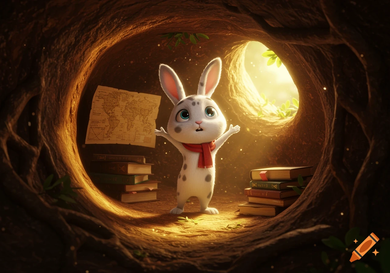 Cute cartoon bunny in a warm burrow with books, map, stretching, 3D ...