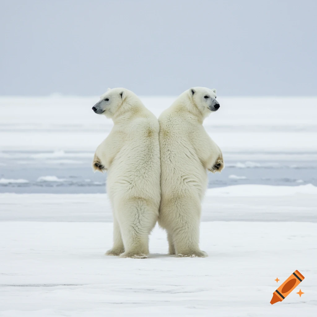 Two polar bears stand back-to-back on a snowy landscape. on Craiyon