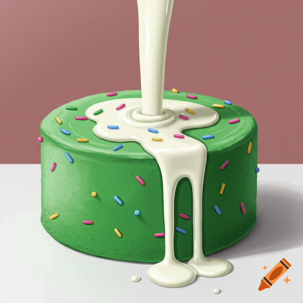 A detailed rendering of white frosting being poured over a green cake ...