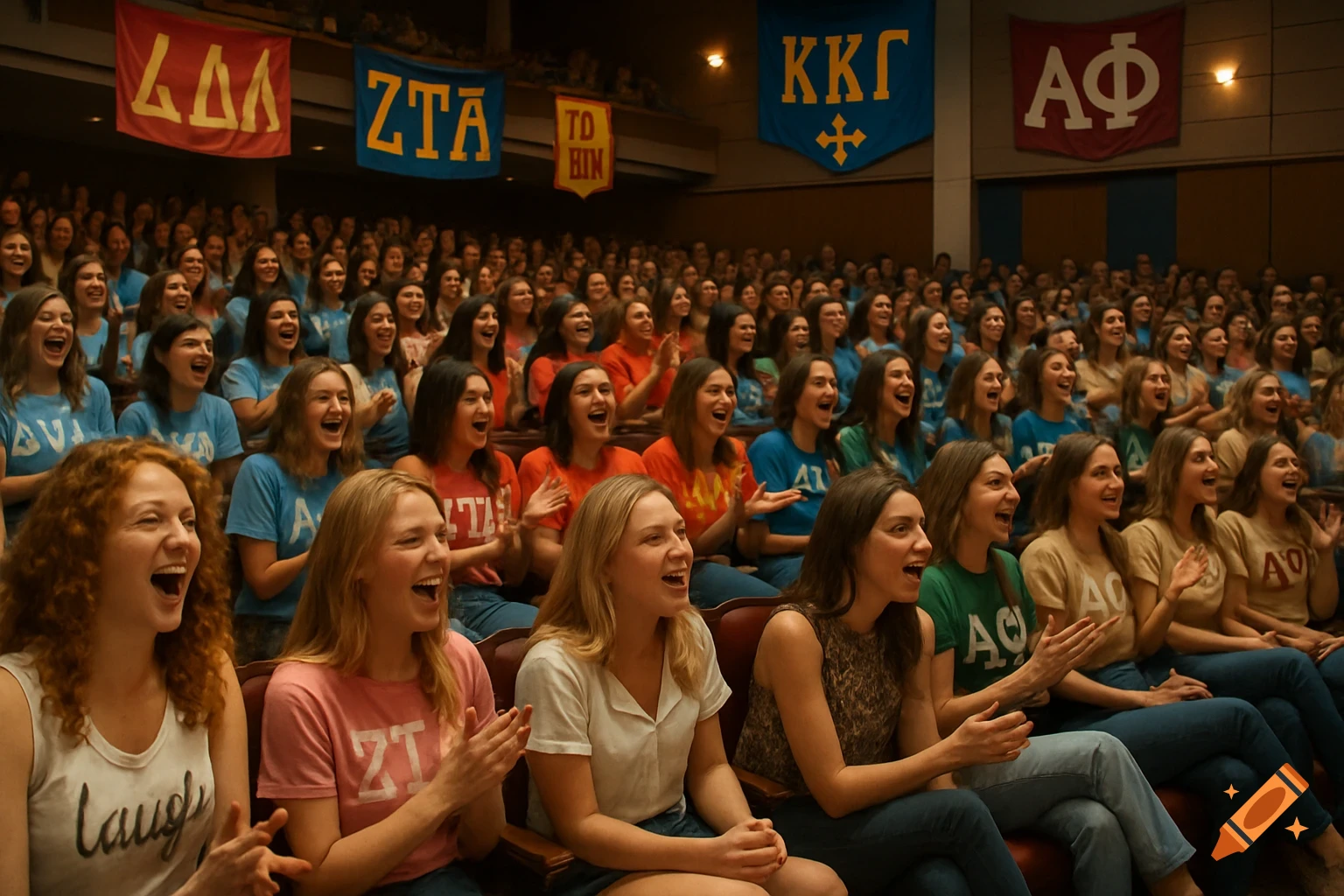 Photorealistic side view of hundreds of laughing, clapping young women ...