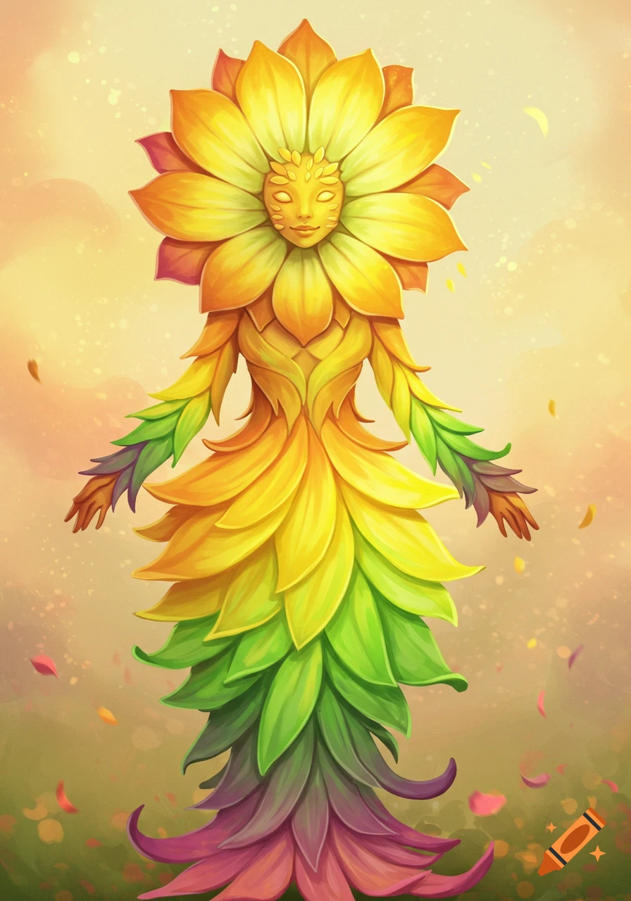 A humanoid creature made of colorful flower petals stands in a field ...