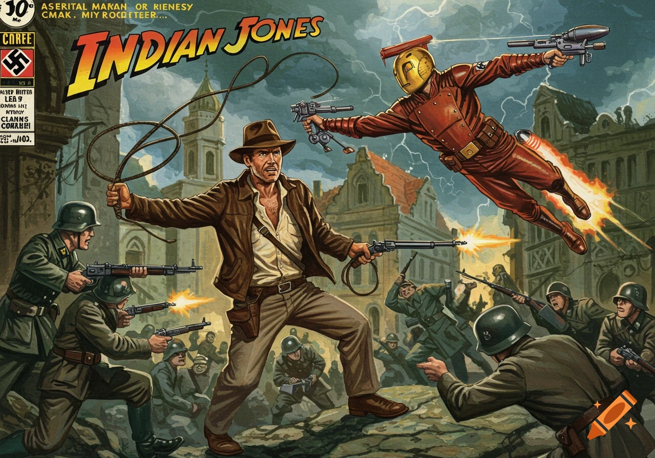 Indiana Jones and the Rocketeer fight Nazis in a city, in a comic book ...