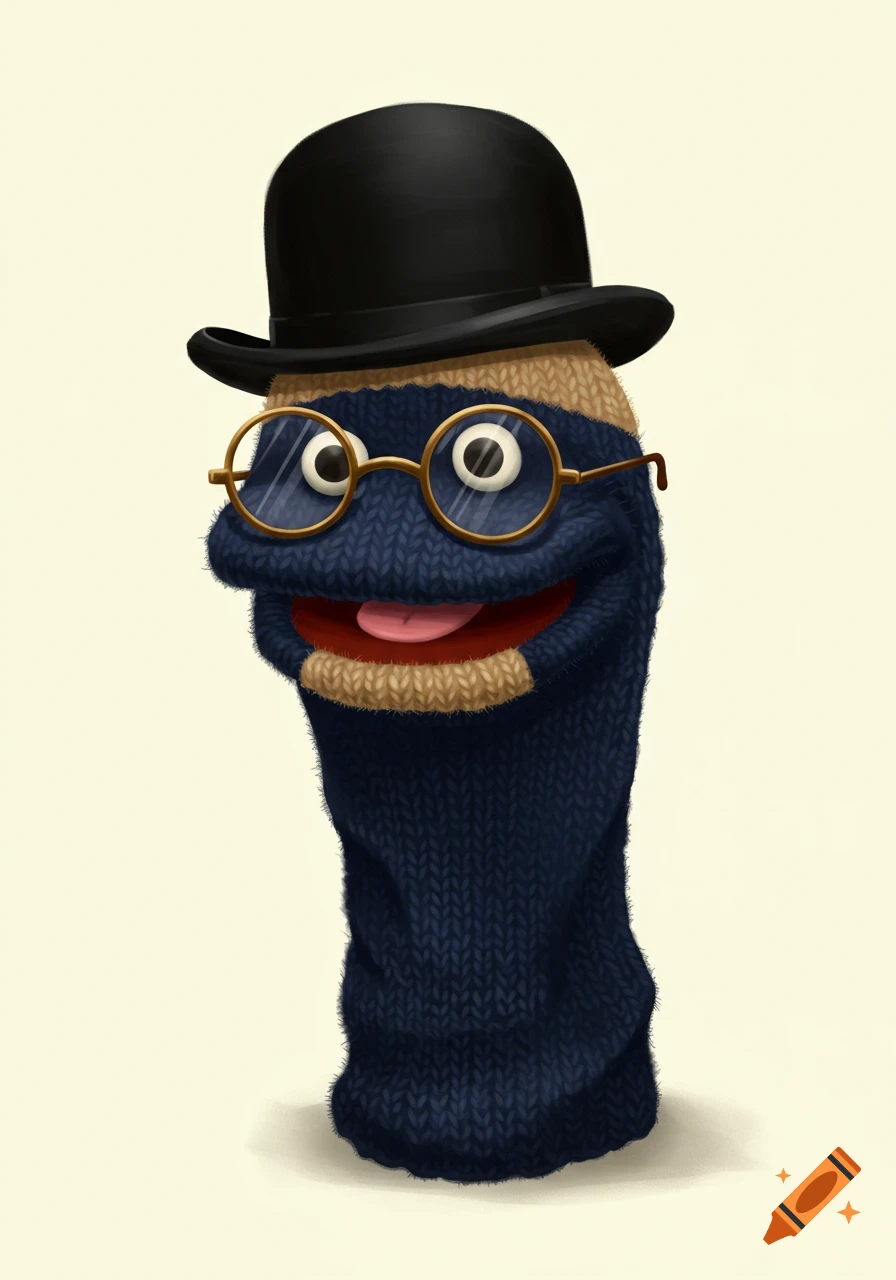 A navy blue and tan sock puppet wears a black bowler hat and round ...