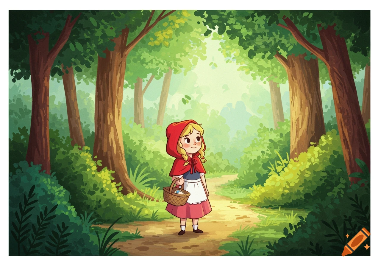 Little Red Riding Hood with a basket standing on a path in a lush green ...