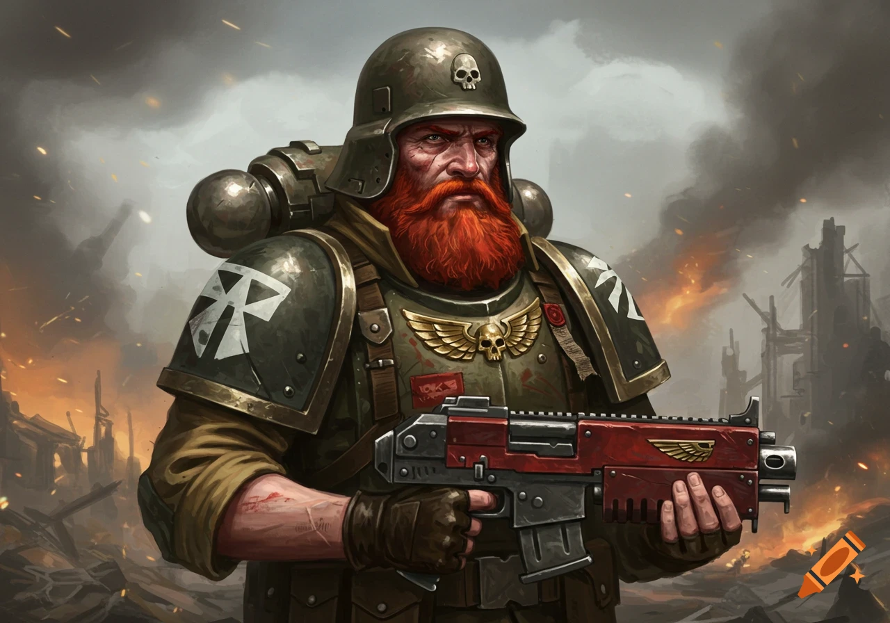 Warhammer 40k soldier with red beard holding a rifle in a ruined city ...