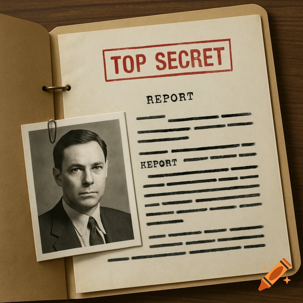 Open file folder with a 'TOP SECRET' report and photo of a man. on Craiyon