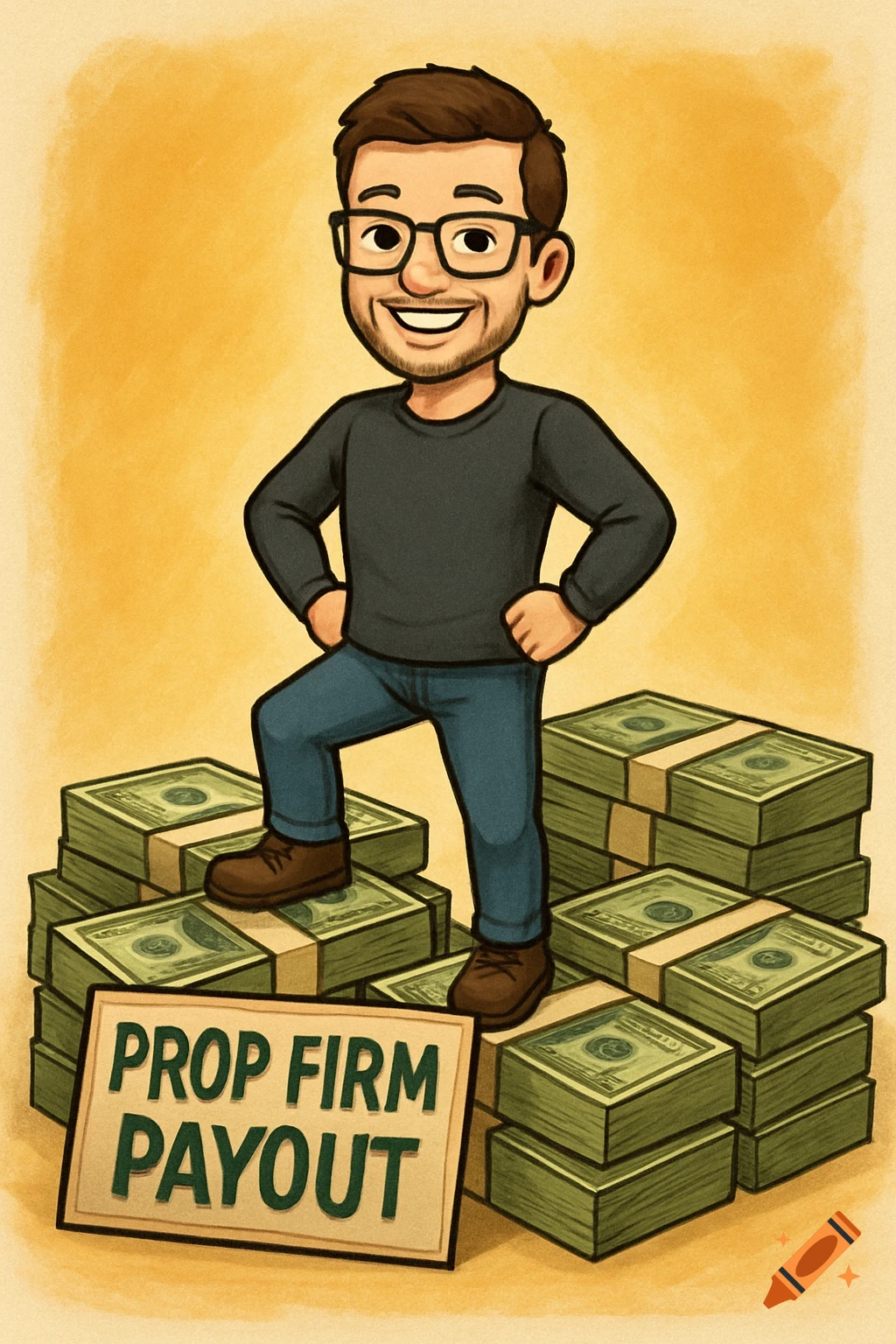 A cartoon man stands on piles of cash with a sign that reads 'Prop Firm ...