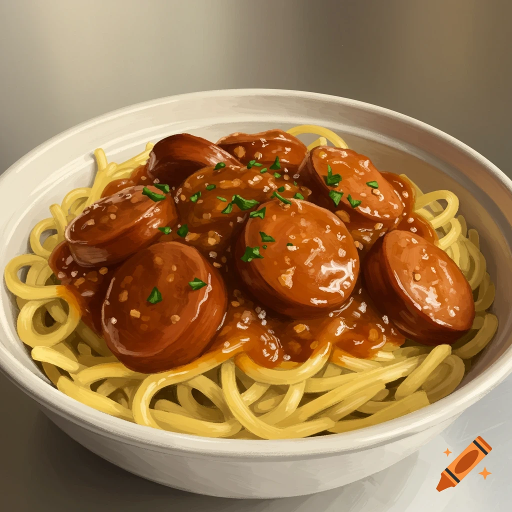 A bowl of spaghetti topped with sliced sausages and red sauce, rendered ...