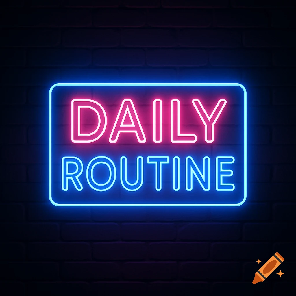 Neon sign reading DAILY ROUTINE on a brick wall on Craiyon