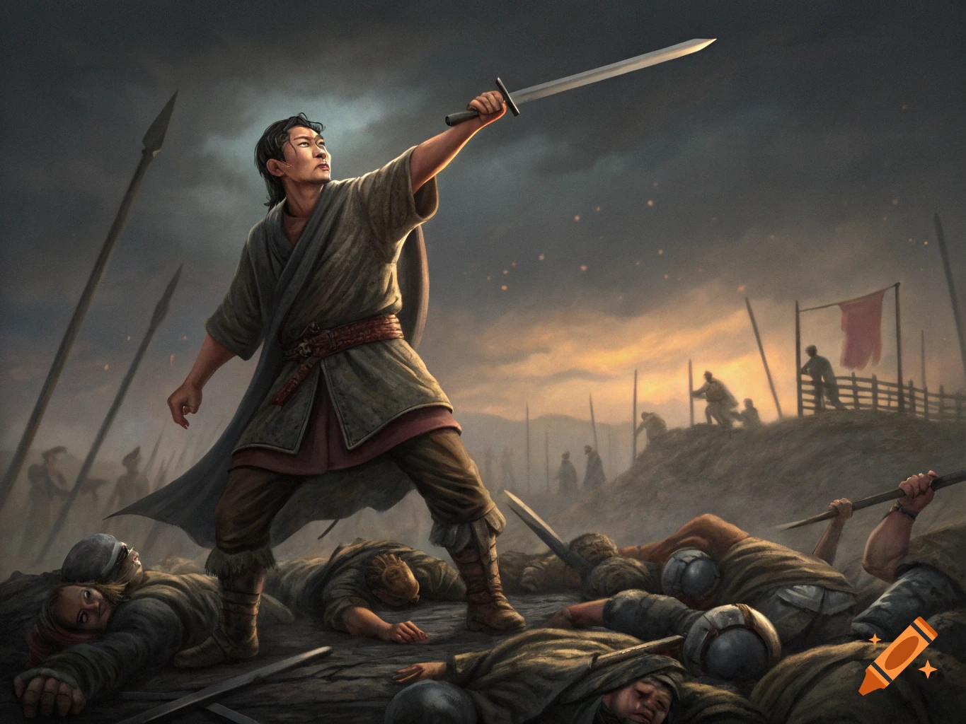 Warrior with raised sword stands over fallen enemies on a battlefield ...