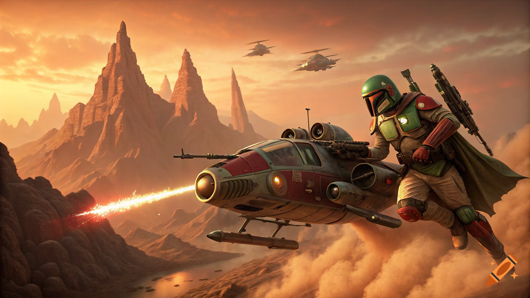 Boba Fett flies next to a Firespray gunship in a cinematic Star Wars ...