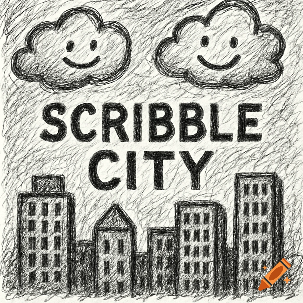 Scribble drawing of a city skyline with smiley clouds and 'Scribble ...