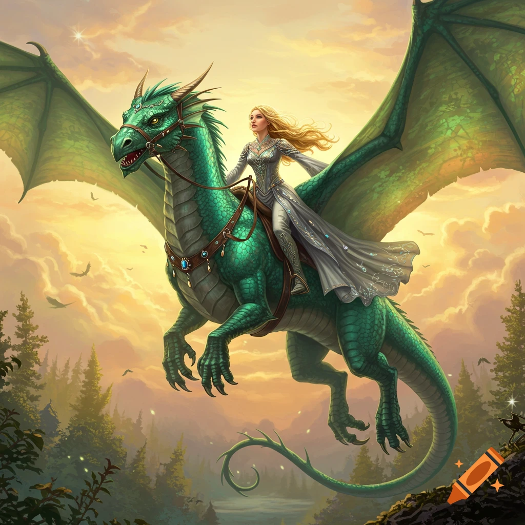 Woman rides a green dragon flying over a forest at sunset, fantasy art ...