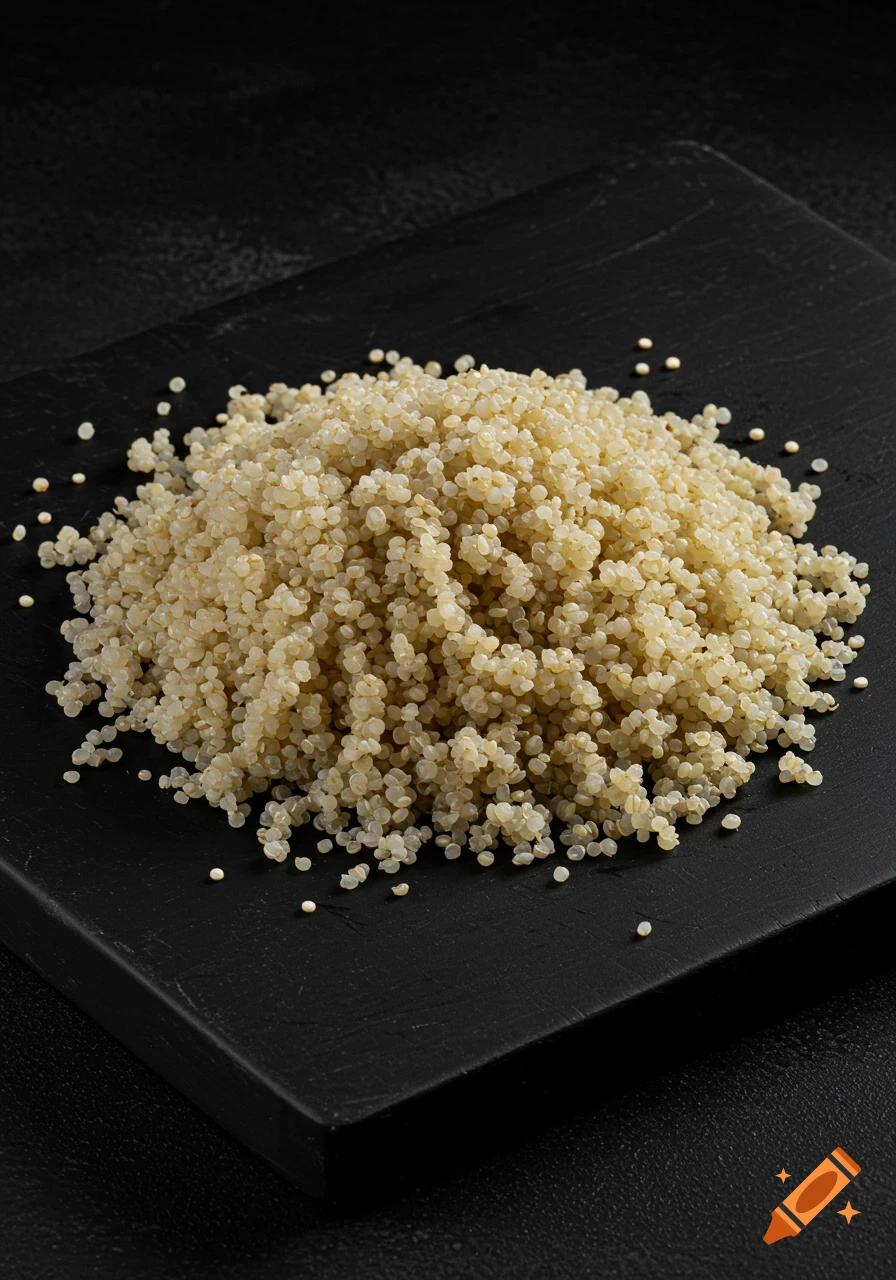 Pile of white quinoa on a dark cutting board, photorealistic style on ...