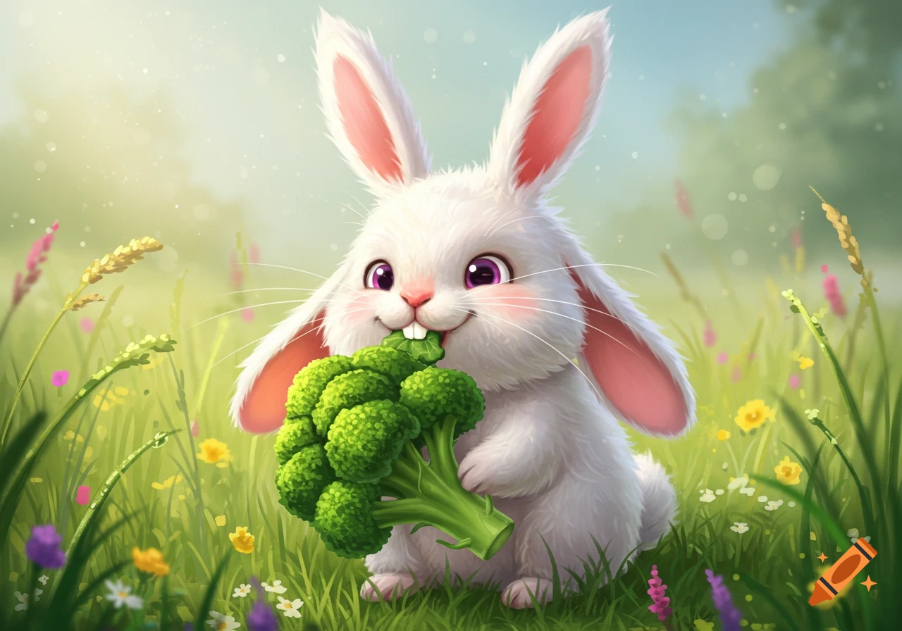 A cute cartoon rabbit happily eating broccoli in a field of flowers. on ...