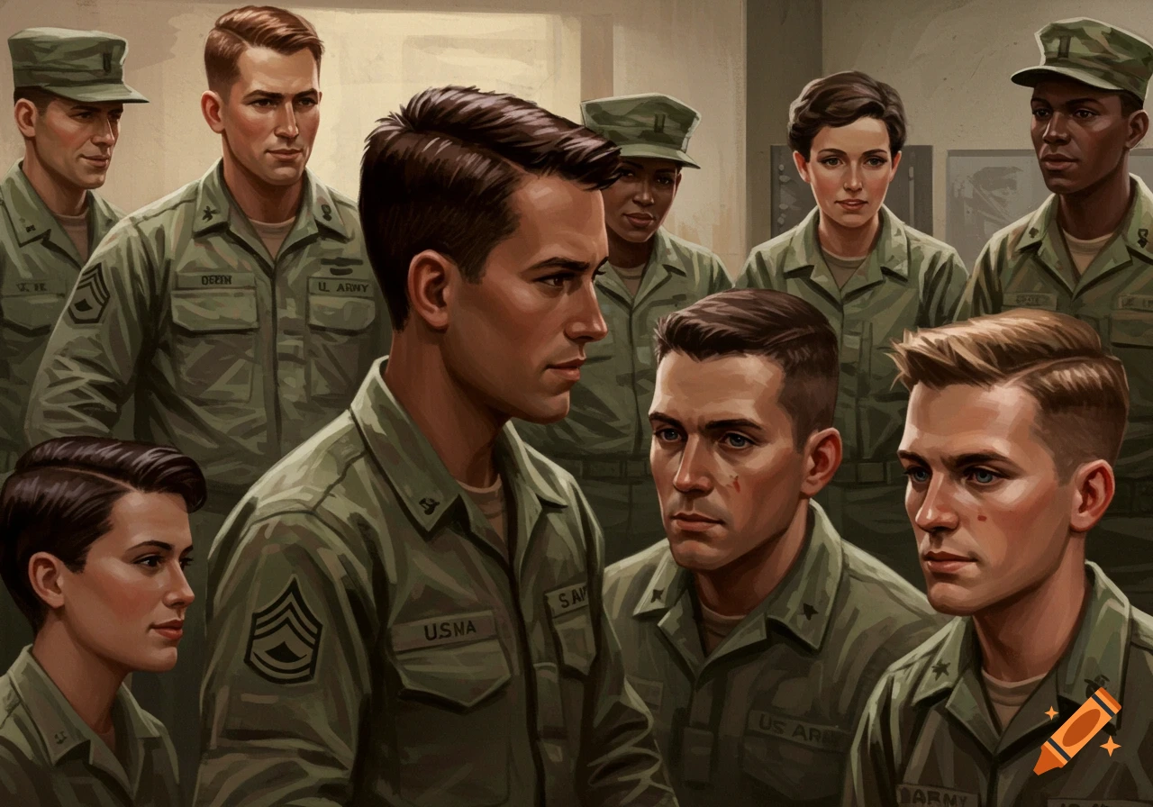 A group of people in military uniforms looking in different directions ...