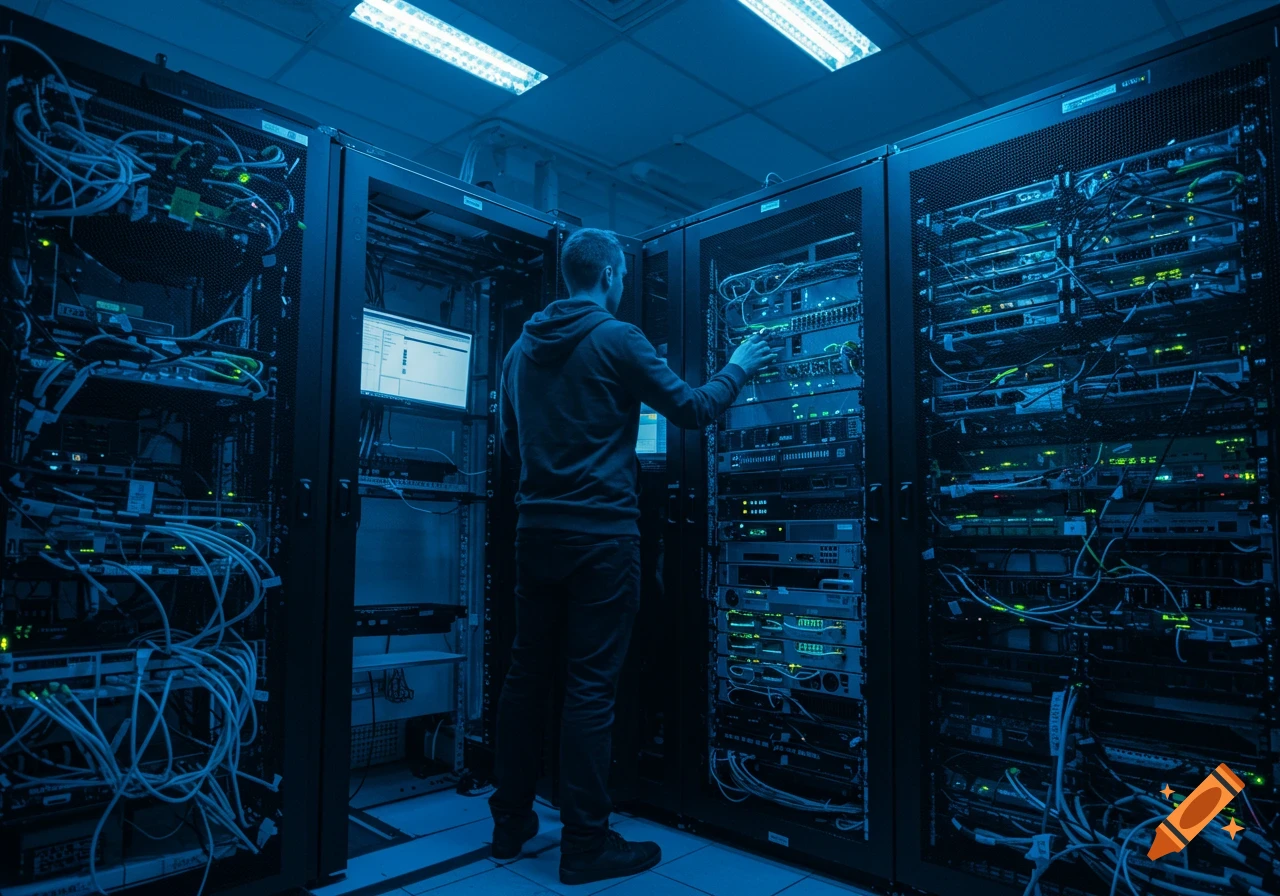 A man working on servers in a dark, blue-lit data center, seen from ...